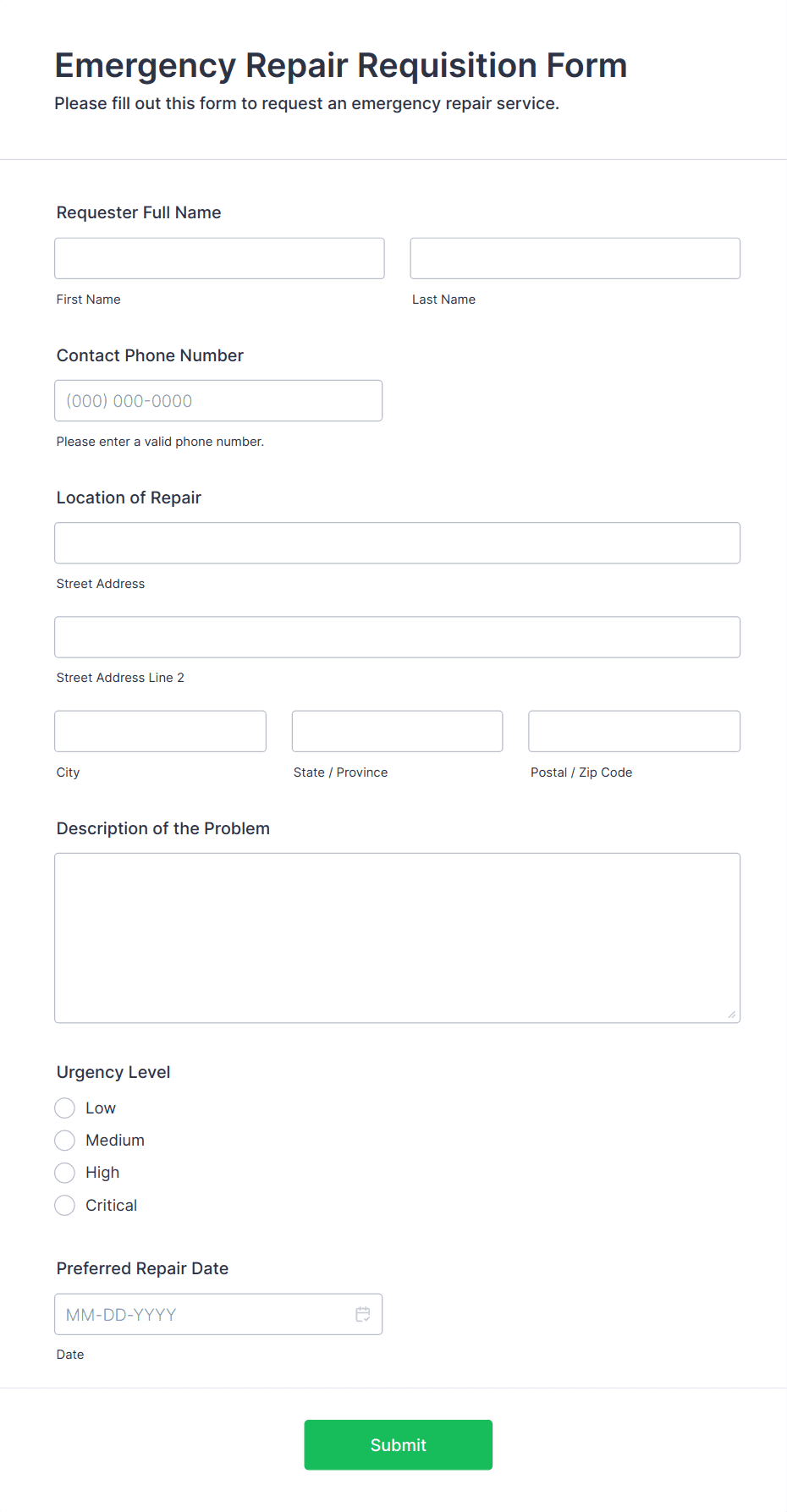 Emergency Repair Requisition Form Template | Jotform