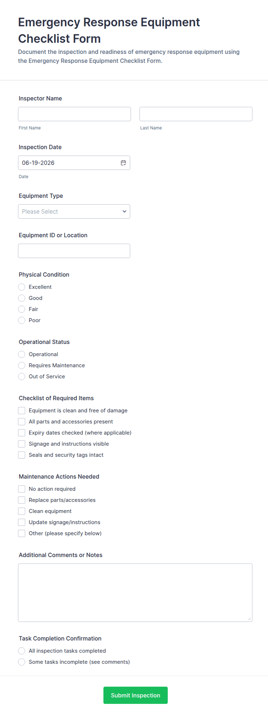 Emergency Response Equipment Checklist Form Template | Jotform