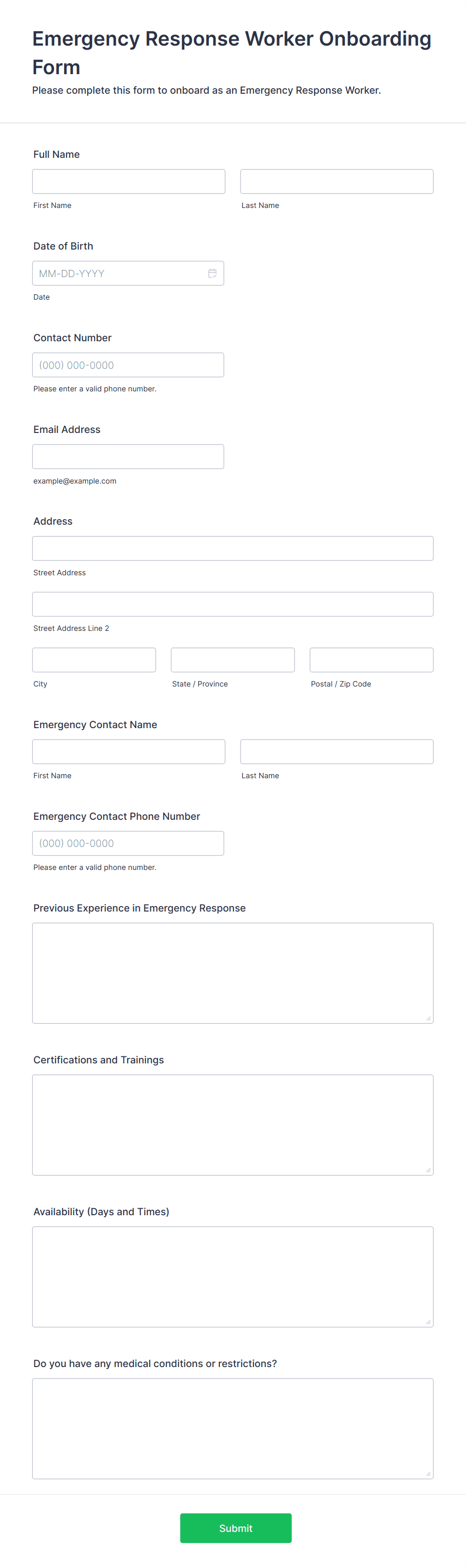 Emergency Response Worker Onboarding Form Template | Jotform