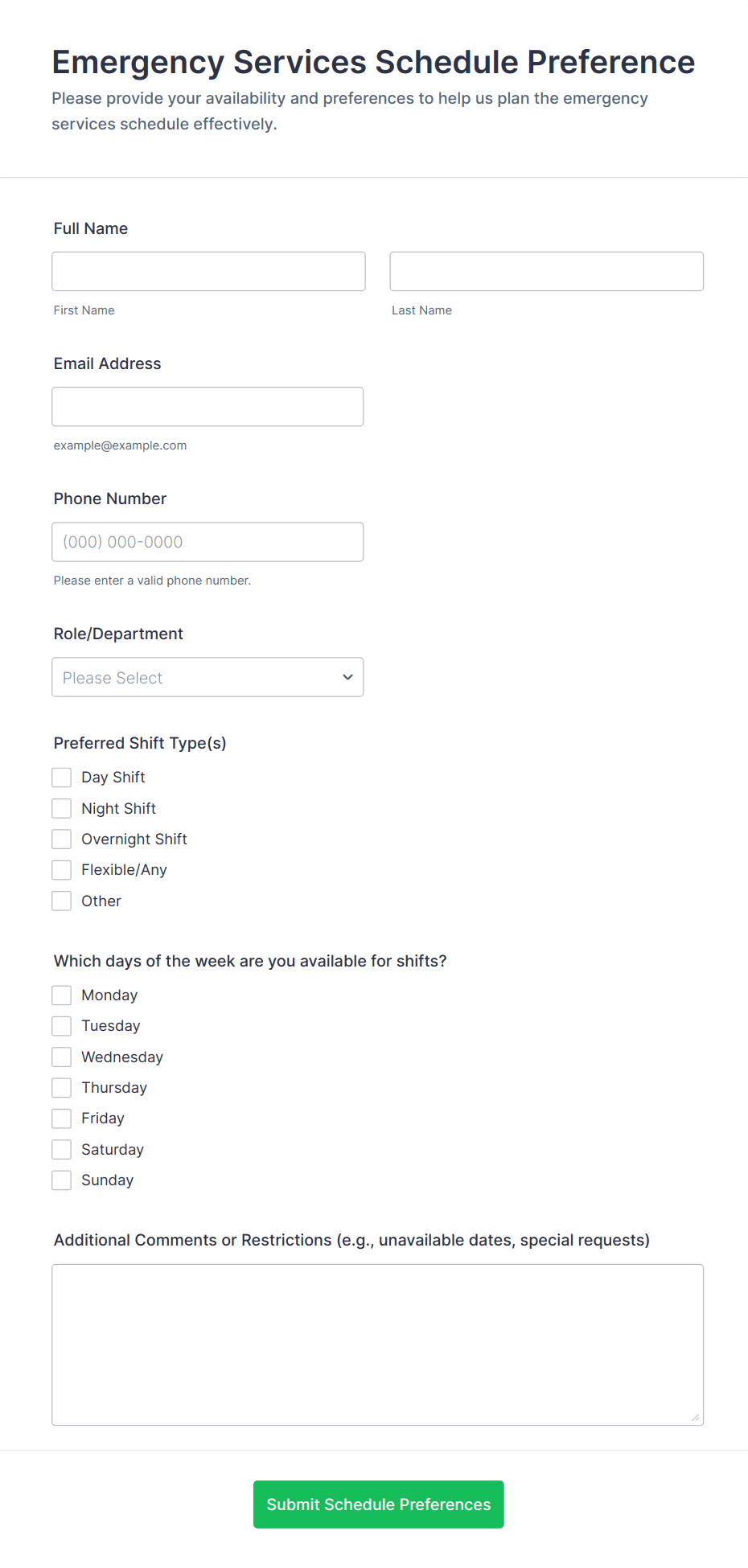 Emergency Services Schedule Preference Form Template | Jotform
