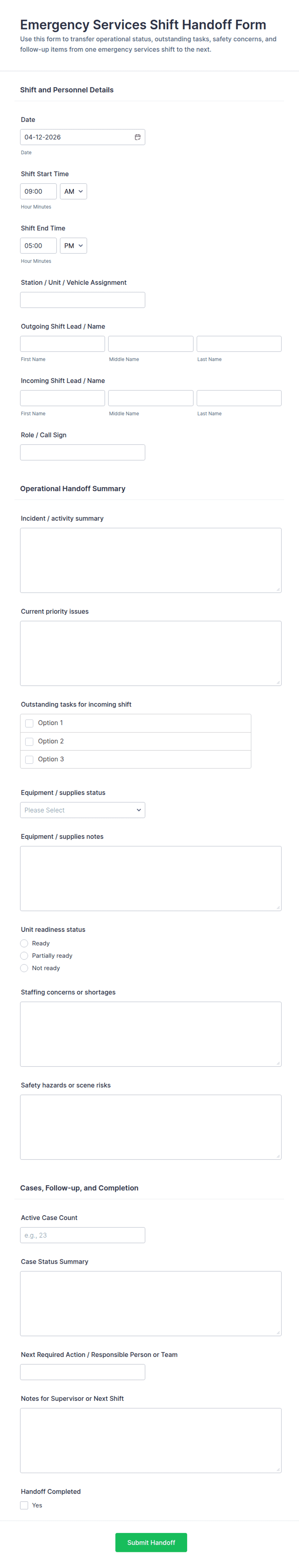 Emergency Services Shift Handoff Form Template | Jotform