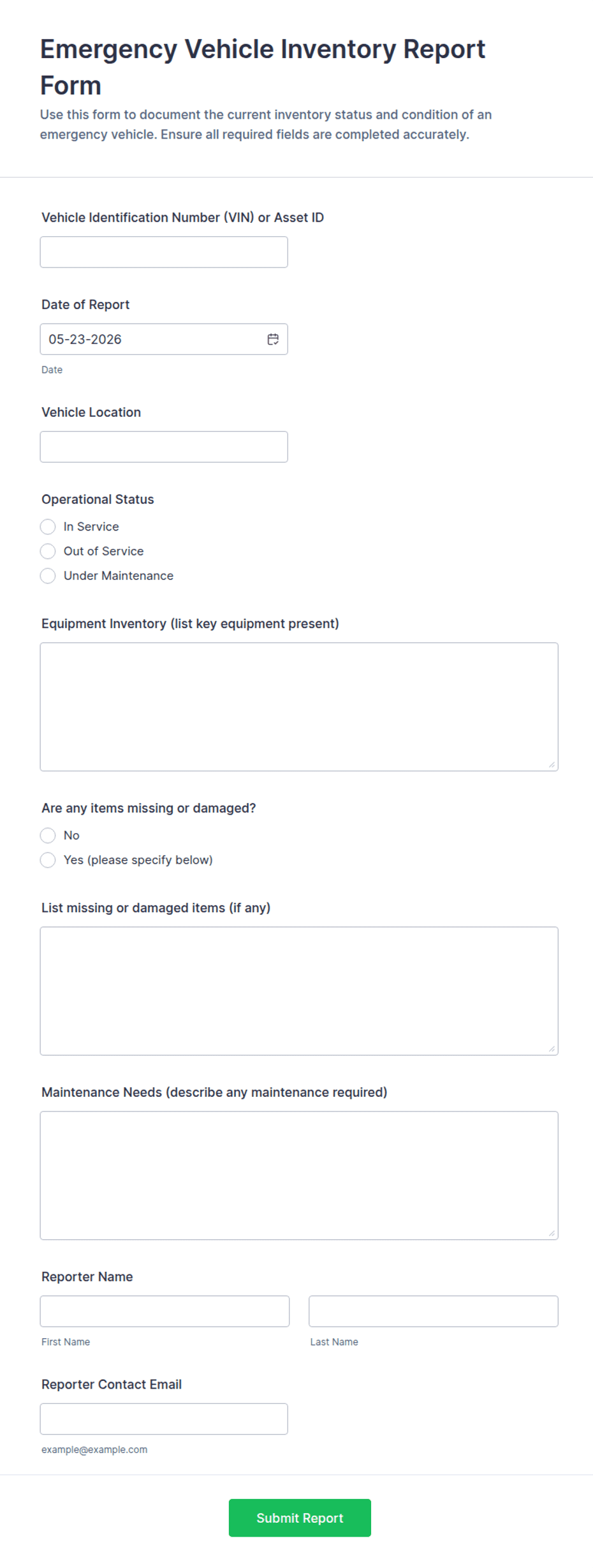 Emergency Vehicle Inventory Report Form Template | Jotform