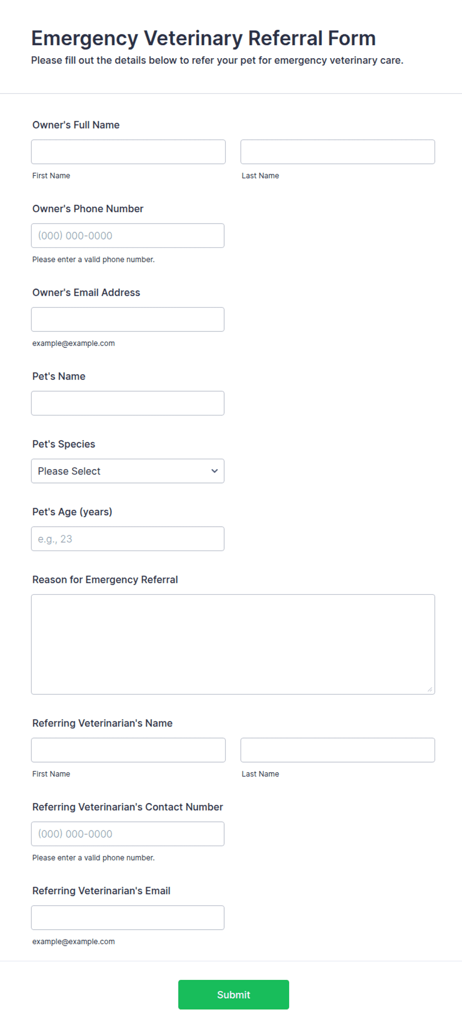 Emergency Veterinary Referral Form Template | Jotform