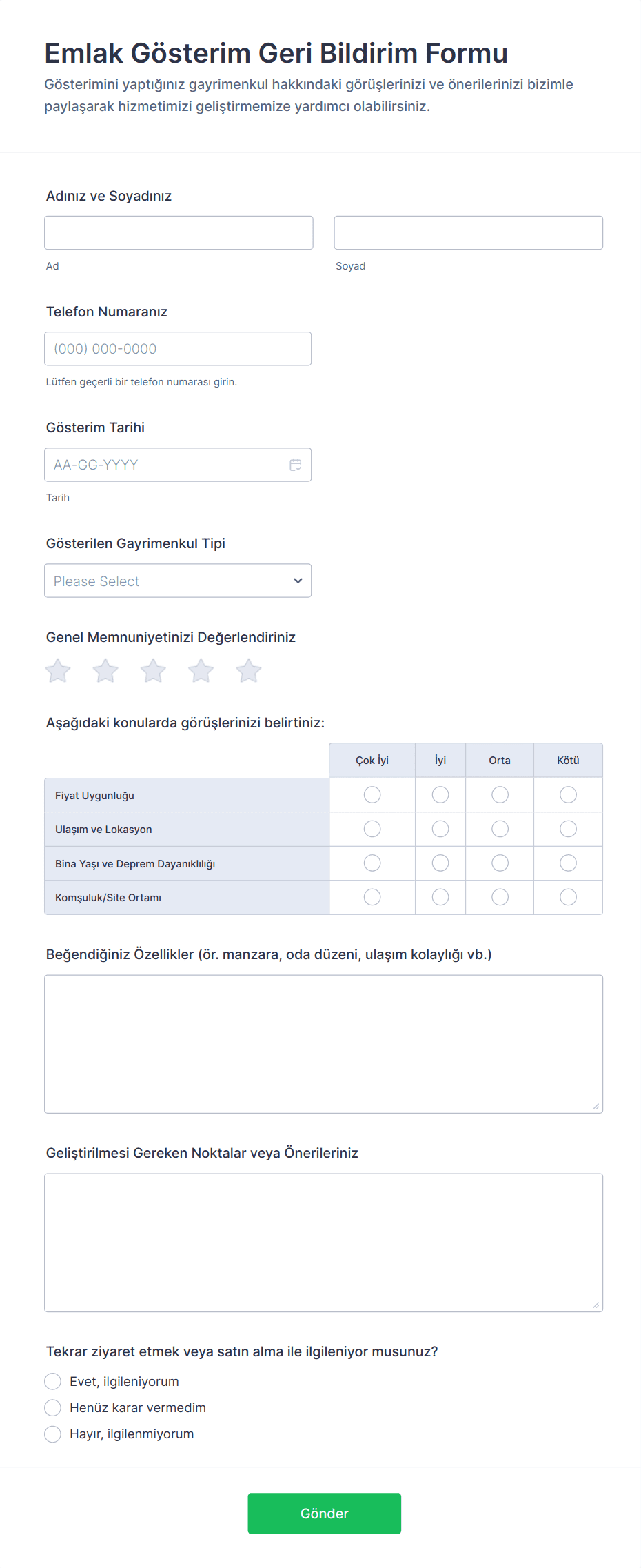 Emlak Gösterim Geri Bildirim Form Şablonu | Jotform