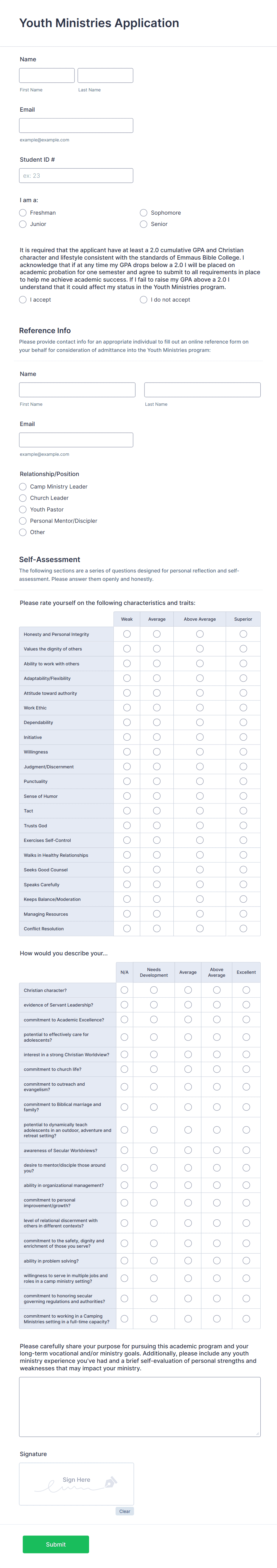 Emmaus Bible College Youth Ministries Application Form Template | Jotform