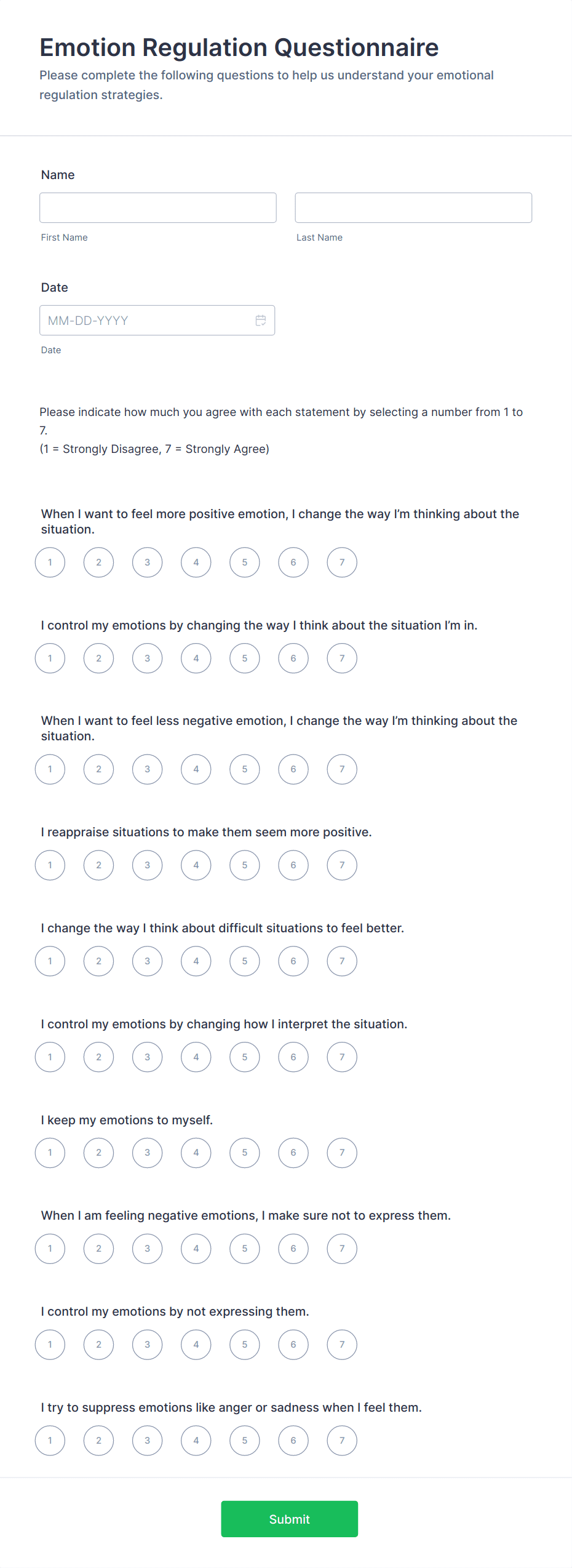 Emotion Regulation Questionnaire Form Template | Jotform