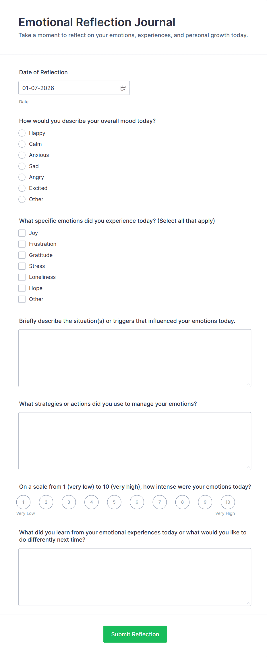 Emotional Reflection Journal Form Template | Jotform