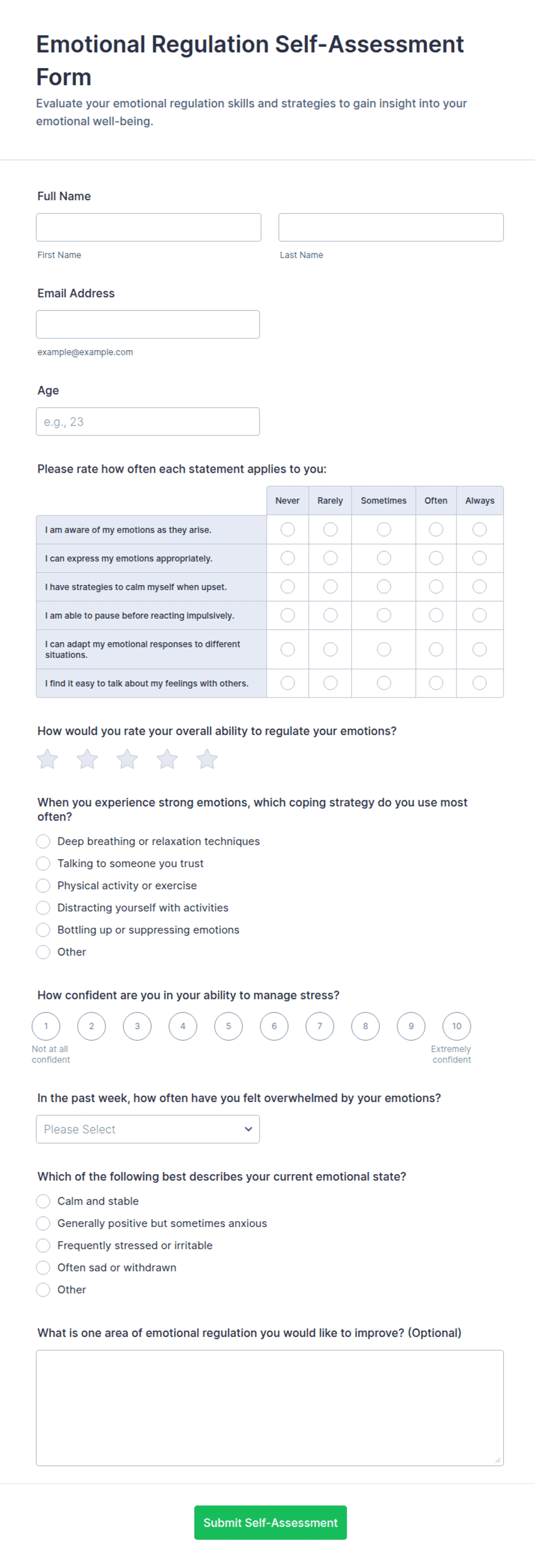 Emotional Regulation Self-Assessment Form Template | Jotform