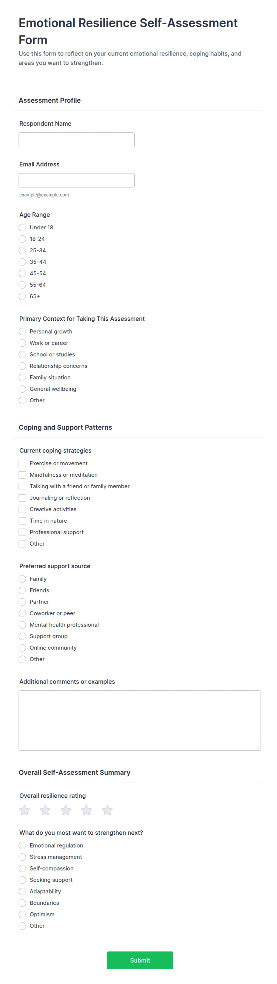 Emotional Resilience Self-Assessment Form Template | Jotform