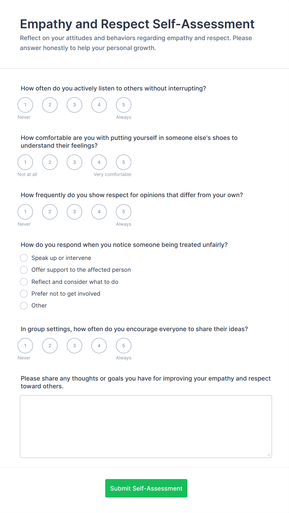 Empathy and Respect Self-Assessment Form Template | Jotform