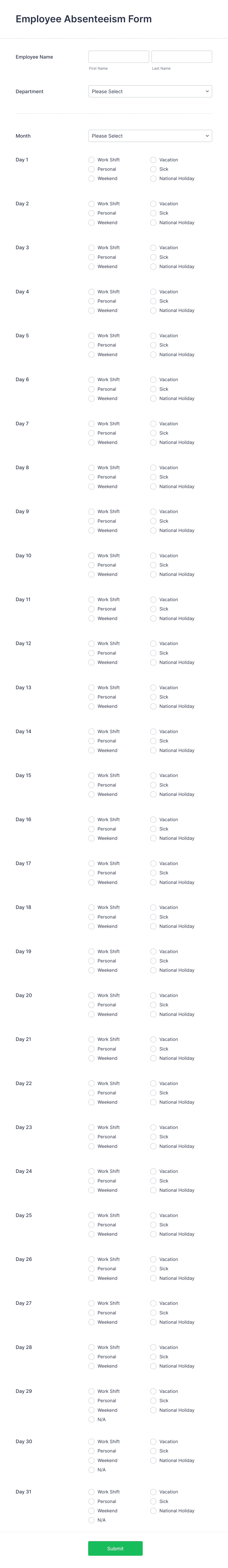 Employee Absenteeism Form Template | Jotform