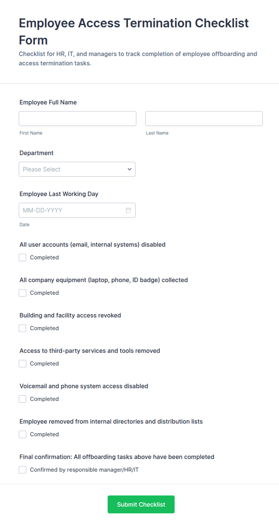 Employee Access Termination Checklist Form Template | Jotform