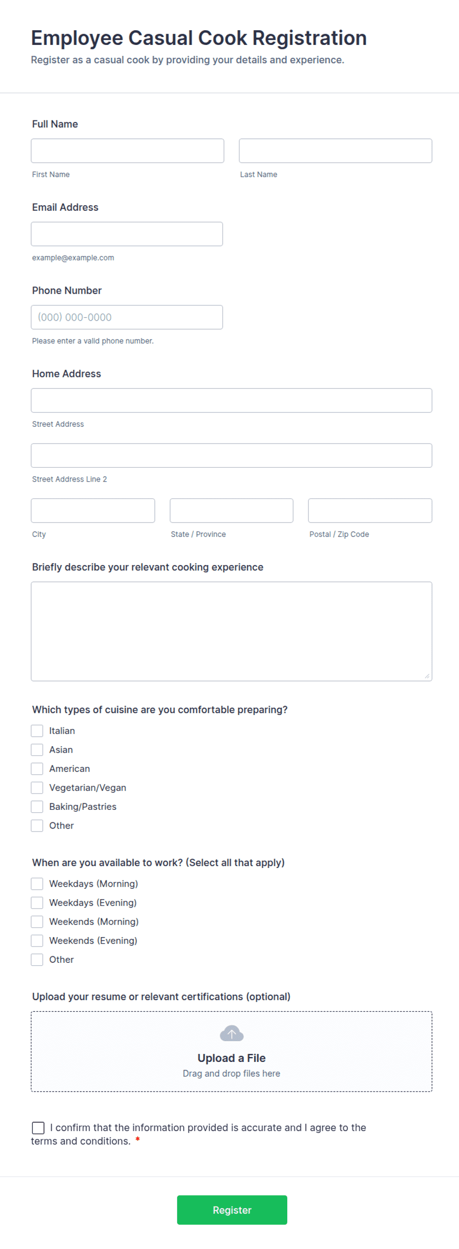 Employee Casual Cook Registration Form Template | Jotform
