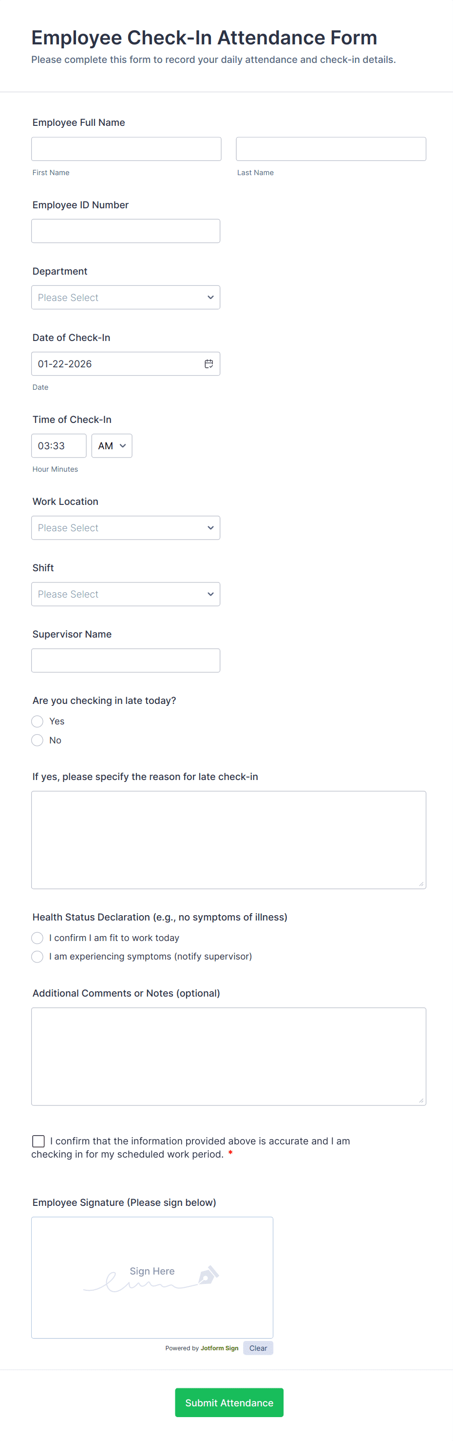 Employee Check-In Attendance Form Template | Jotform