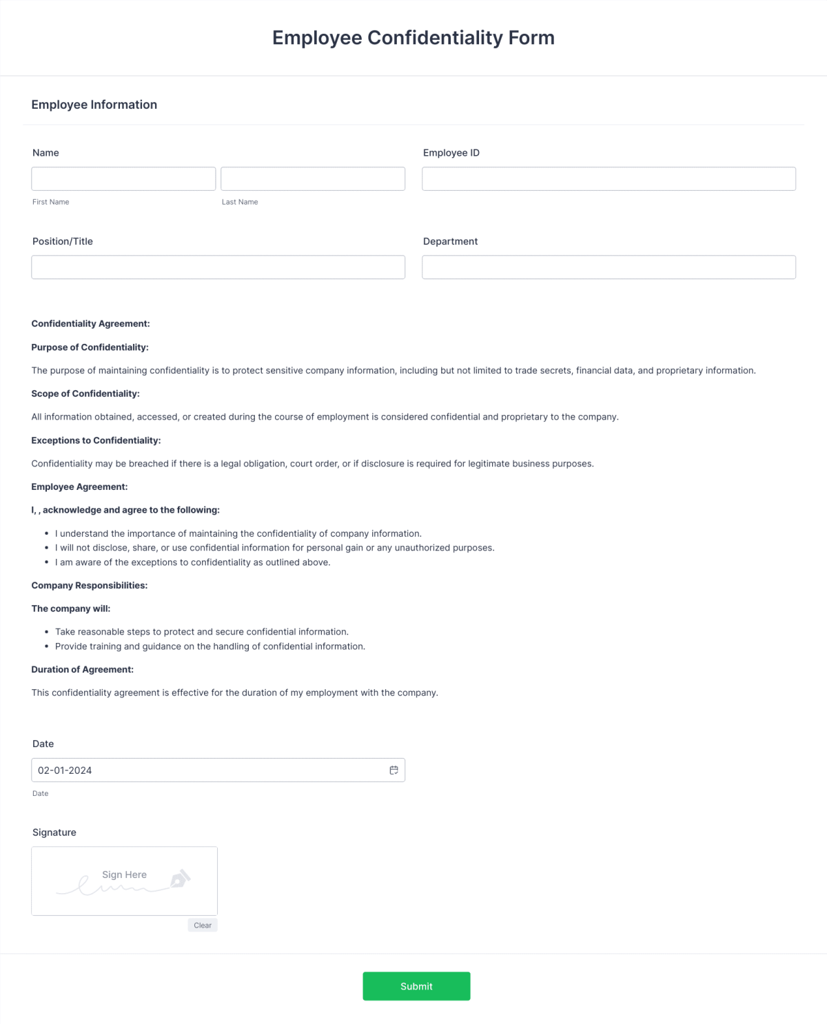 Employee Confidentiality Form Template | Jotform