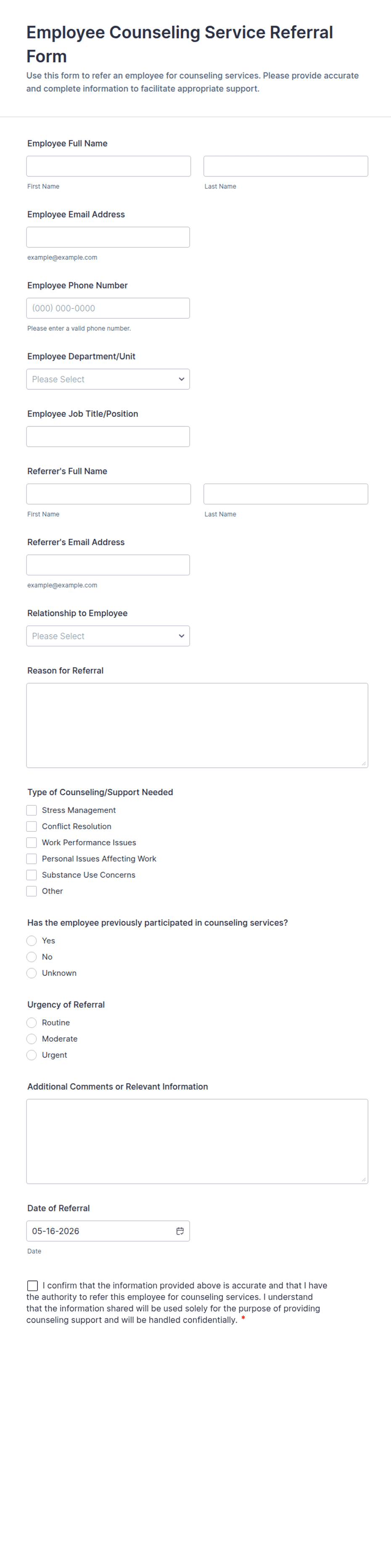Employee Counseling Service Referral Form Template | Jotform