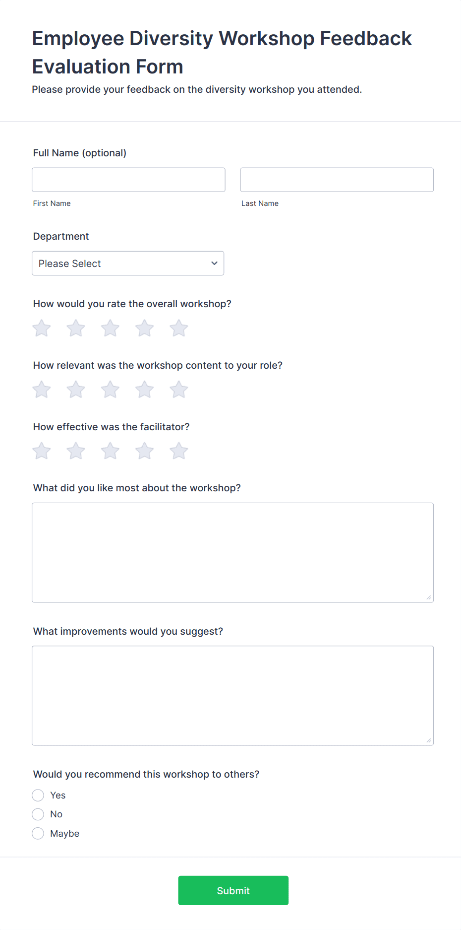 Employee Diversity Workshop Feedback Evaluation Form Template | Jotform