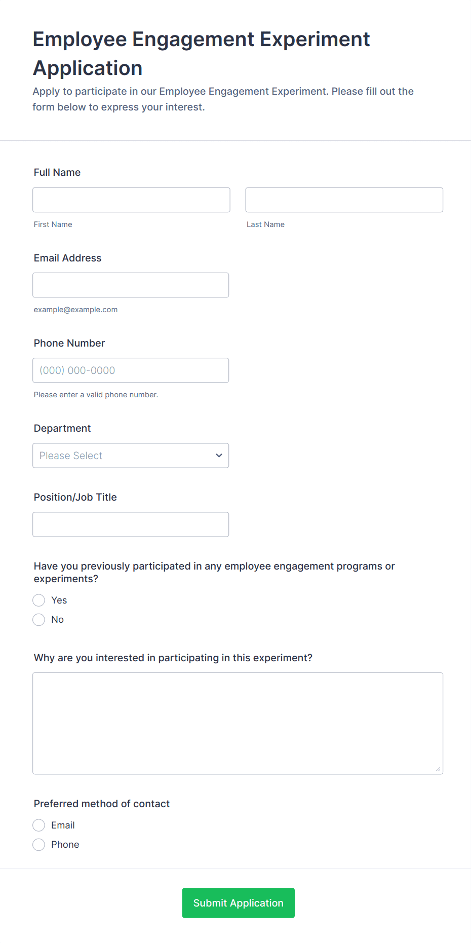 Employee Engagement Experiment Application Form Template | Jotform