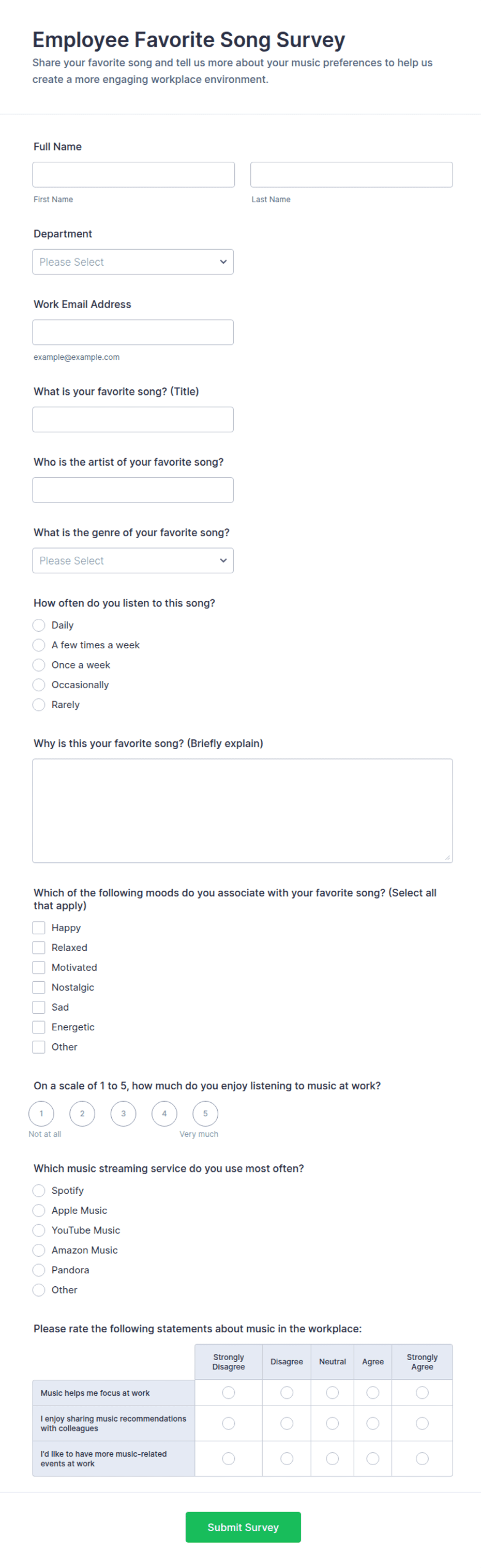 Employee Favorite Song Survey Form Template | Jotform