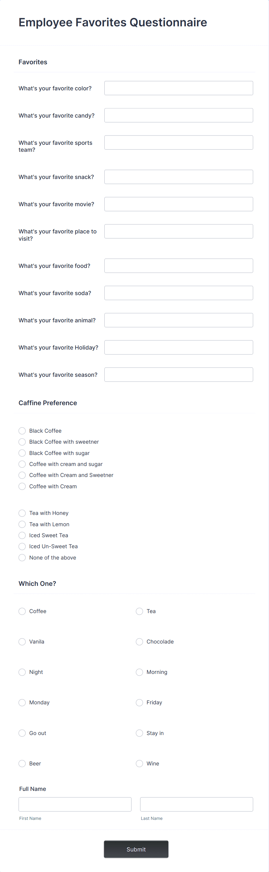 Employee Favorites Questionnaire Form Template | Jotform