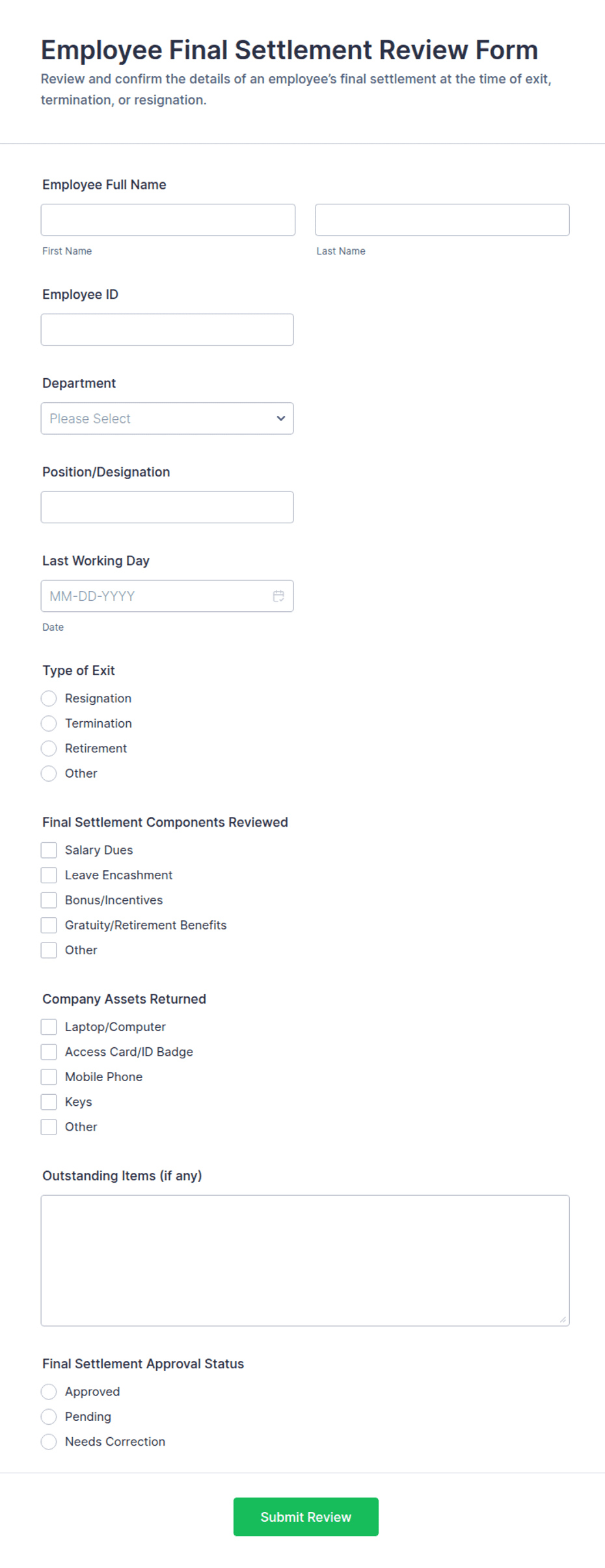 Employee Final Settlement Review Form Template | Jotform