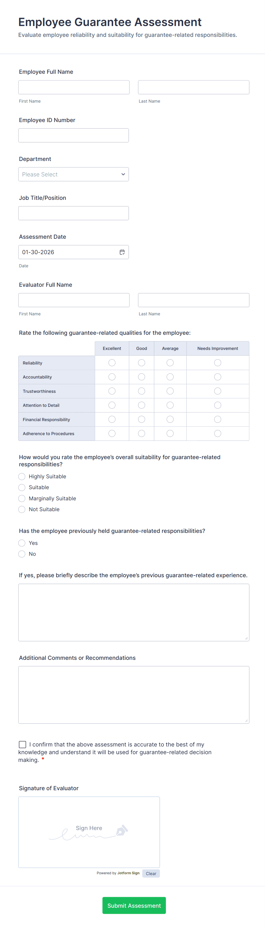 Employee Guarantee Assessment Form Template | Jotform