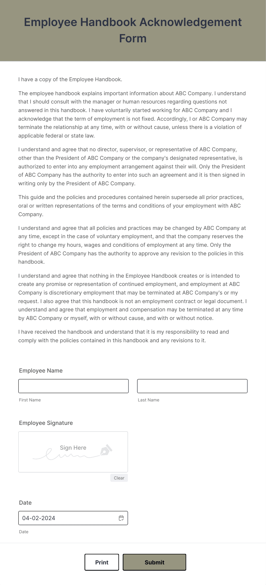Employee Handbook Acknowledgement Form Template | Jotform