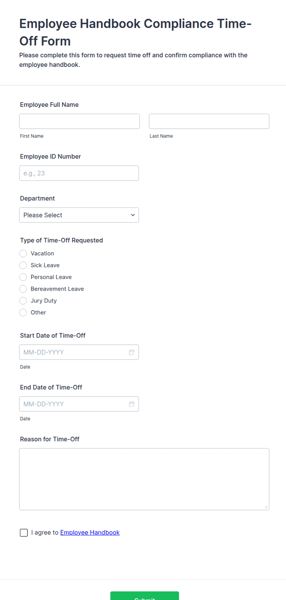 Employee Handbook Compliance Time-Off Form Template | Jotform