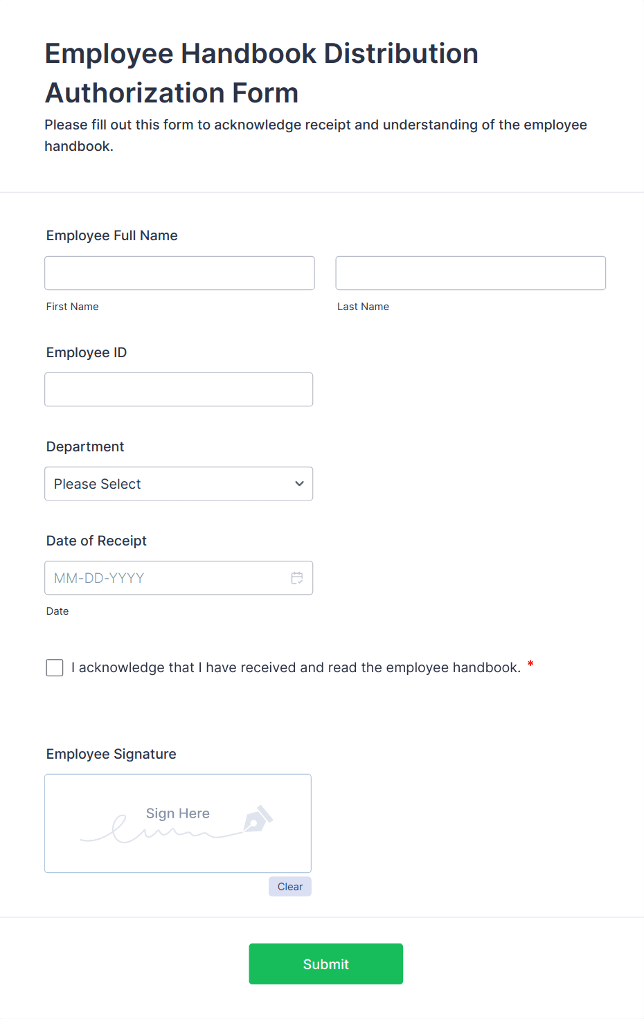 Employee Handbook Distribution Authorization Form Template | Jotform