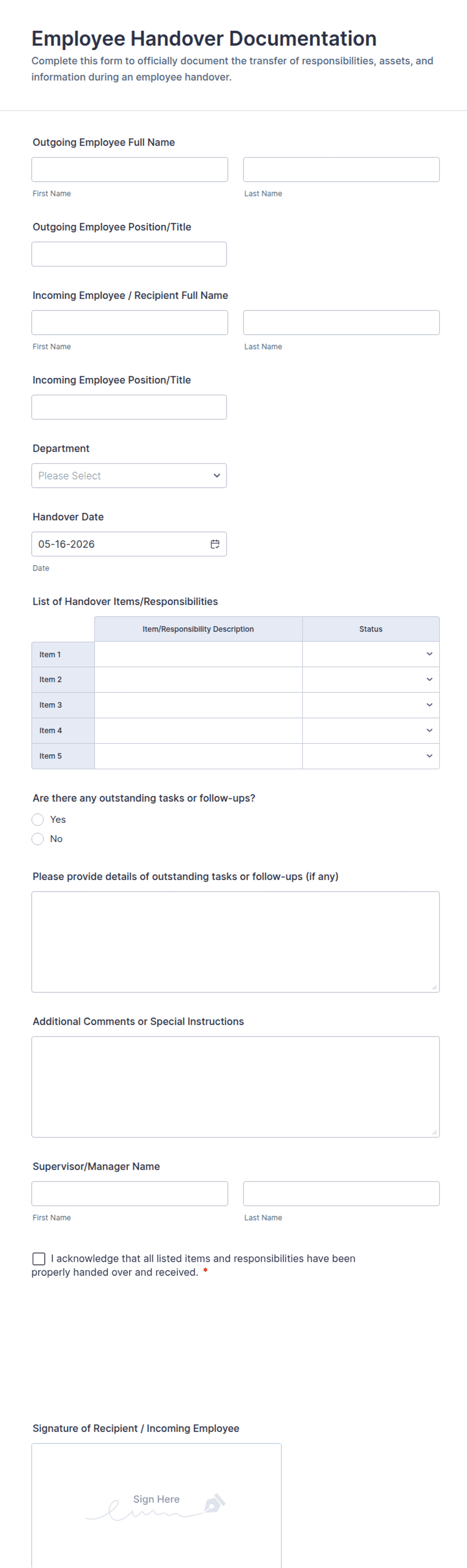 Employee Handover Documentation Form Template | Jotform