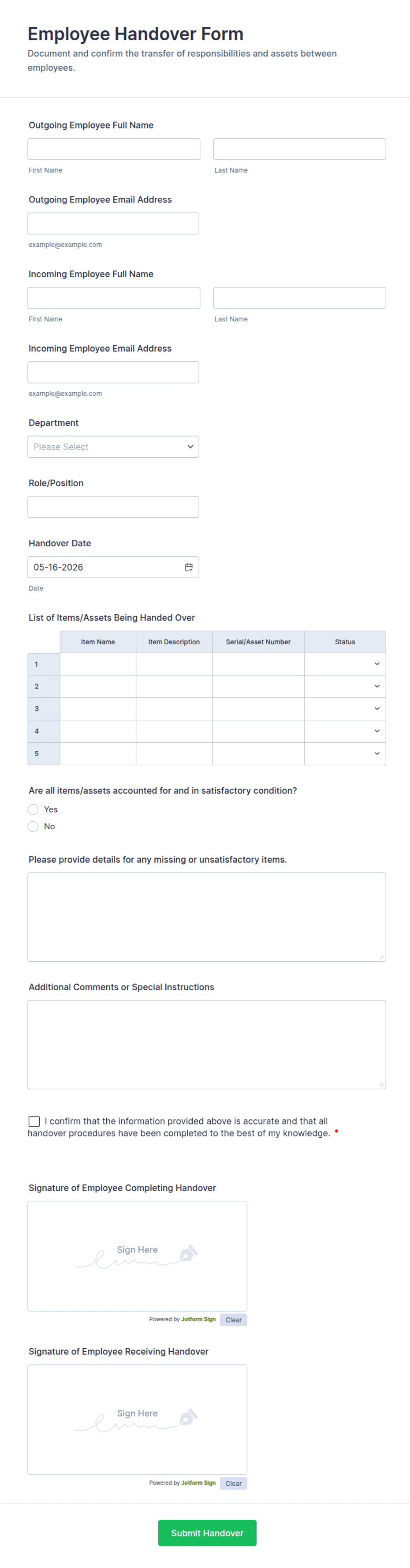 Employee Handover Form Template | Jotform