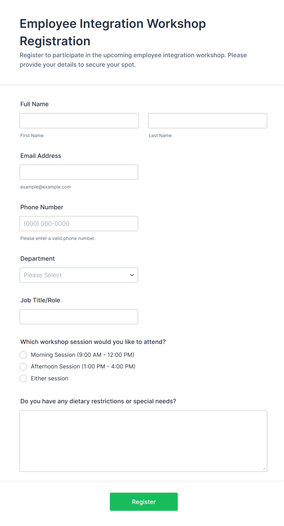 Employee Integration Workshop Registration Form Template | Jotform
