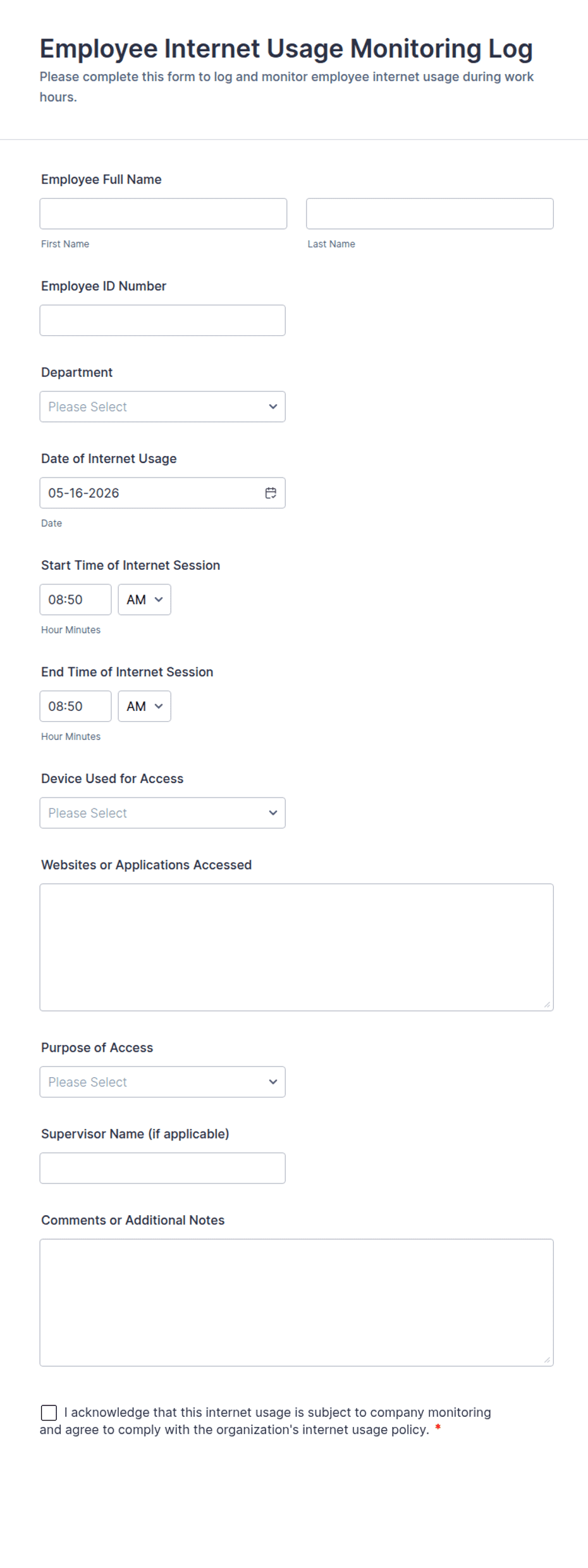 Employee Internet Usage Monitoring Log Form Template | Jotform