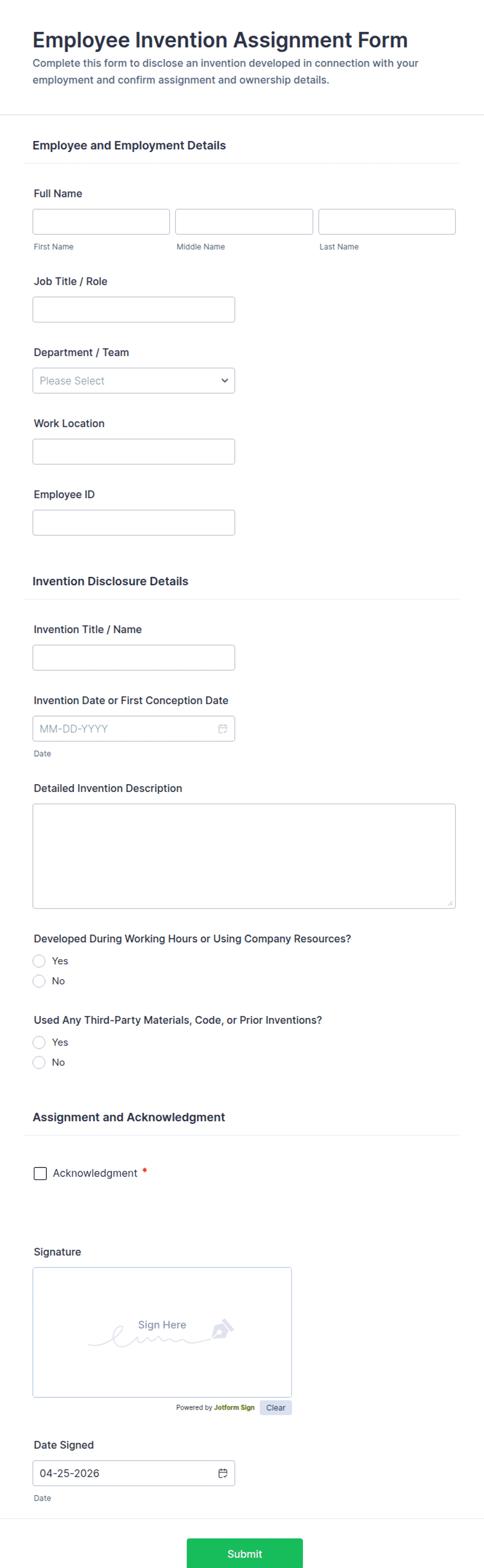 Employee Invention Assignment Form Template | Jotform