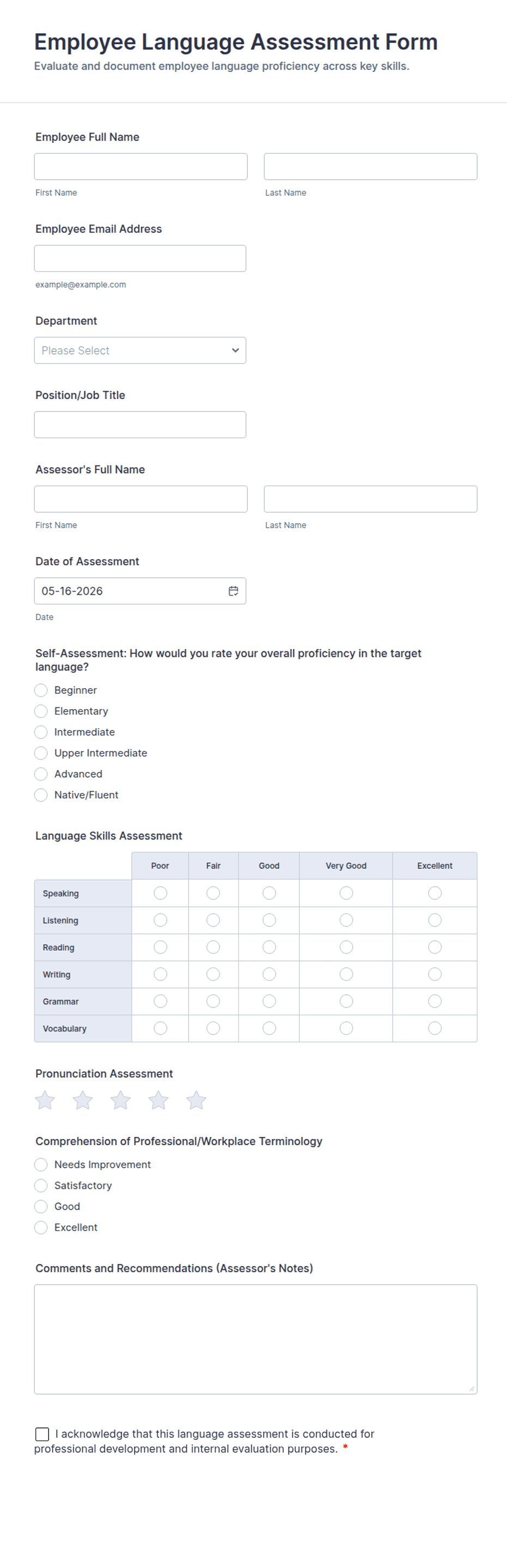 Employee Language Assessment Form Template | Jotform