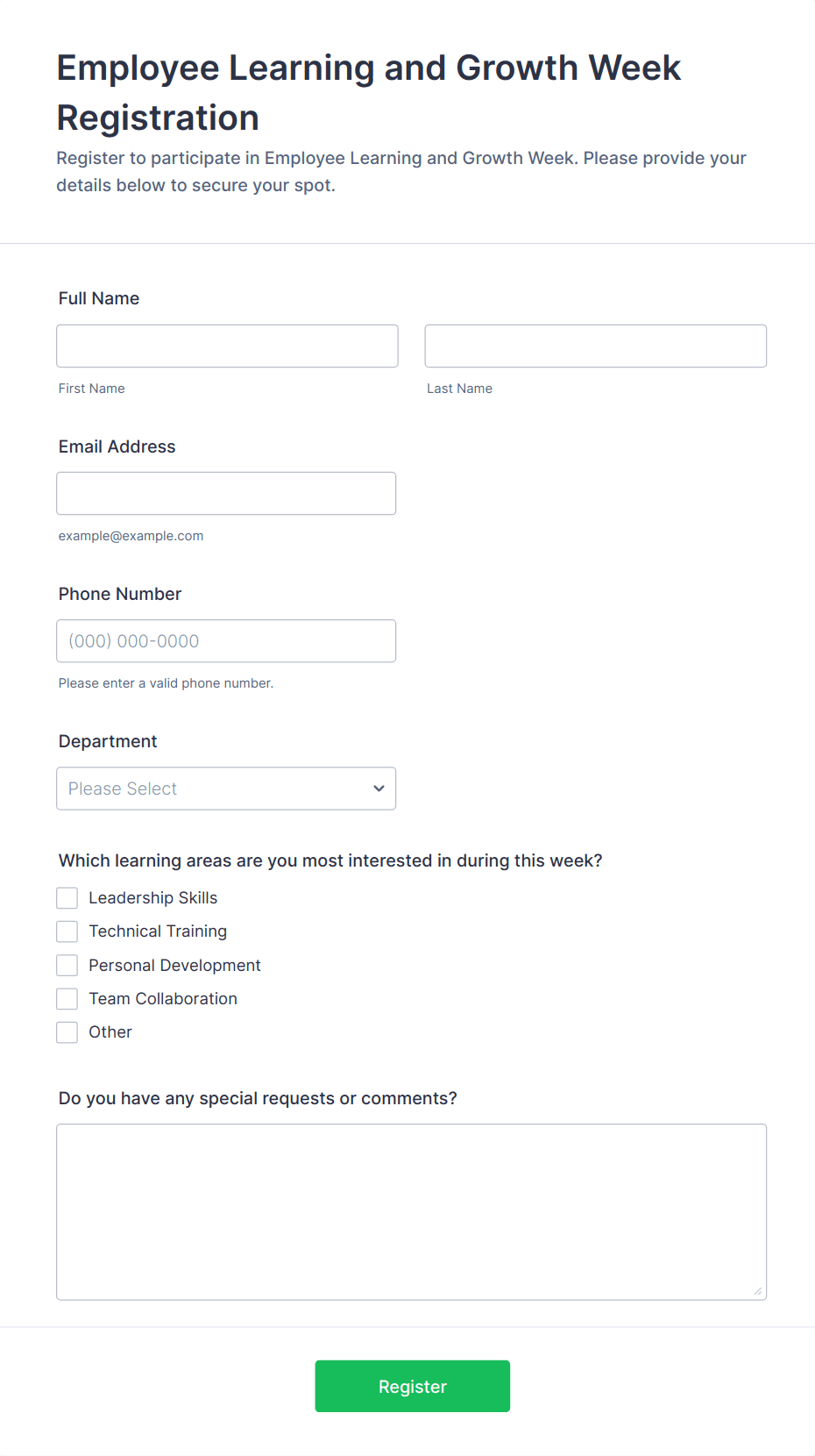 Employee Learning and Growth Week Registration Form Template | Jotform