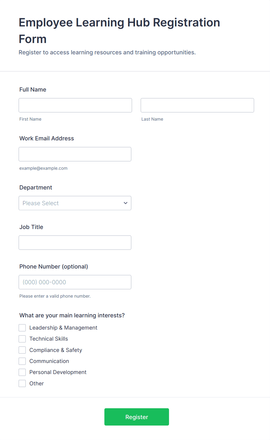 Employee Learning Hub Registration Form Template | Jotform