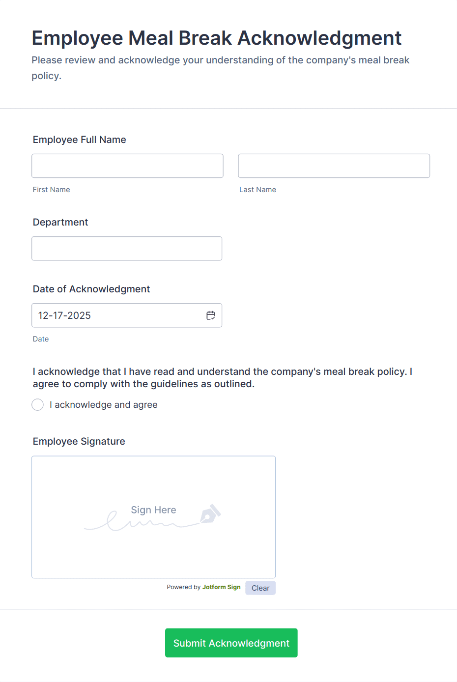 Employee Meal Break Acknowledgment Form Template | Jotform