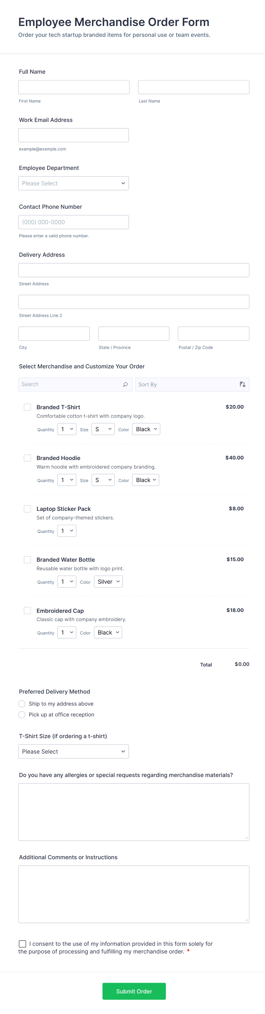 Employee Merchandise Order Form Template | Jotform