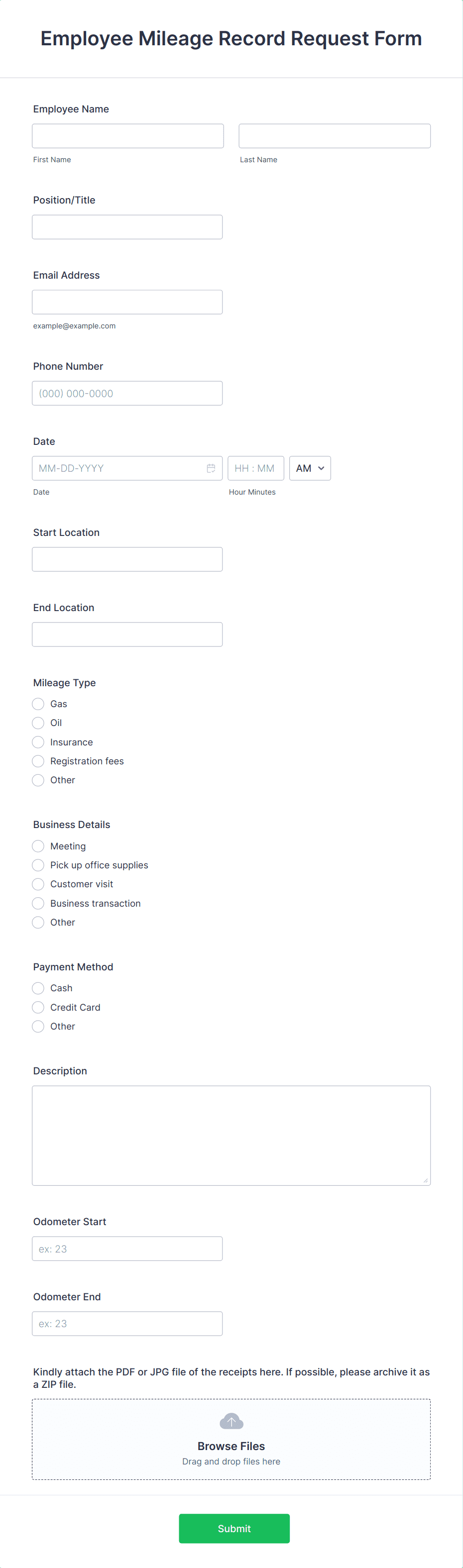 Employee Mileage Record Request Form Template | Jotform