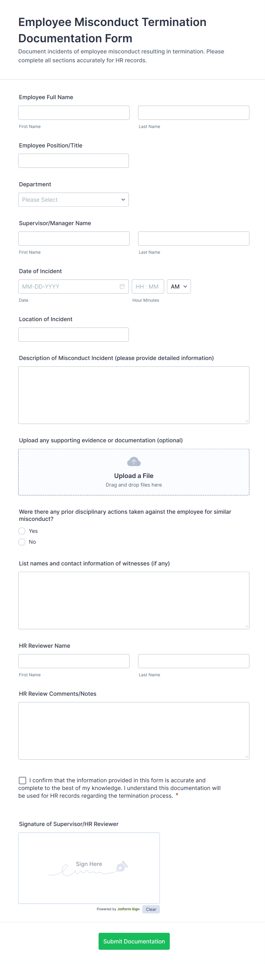 Employee Misconduct Termination Documentation Form Template | Jotform