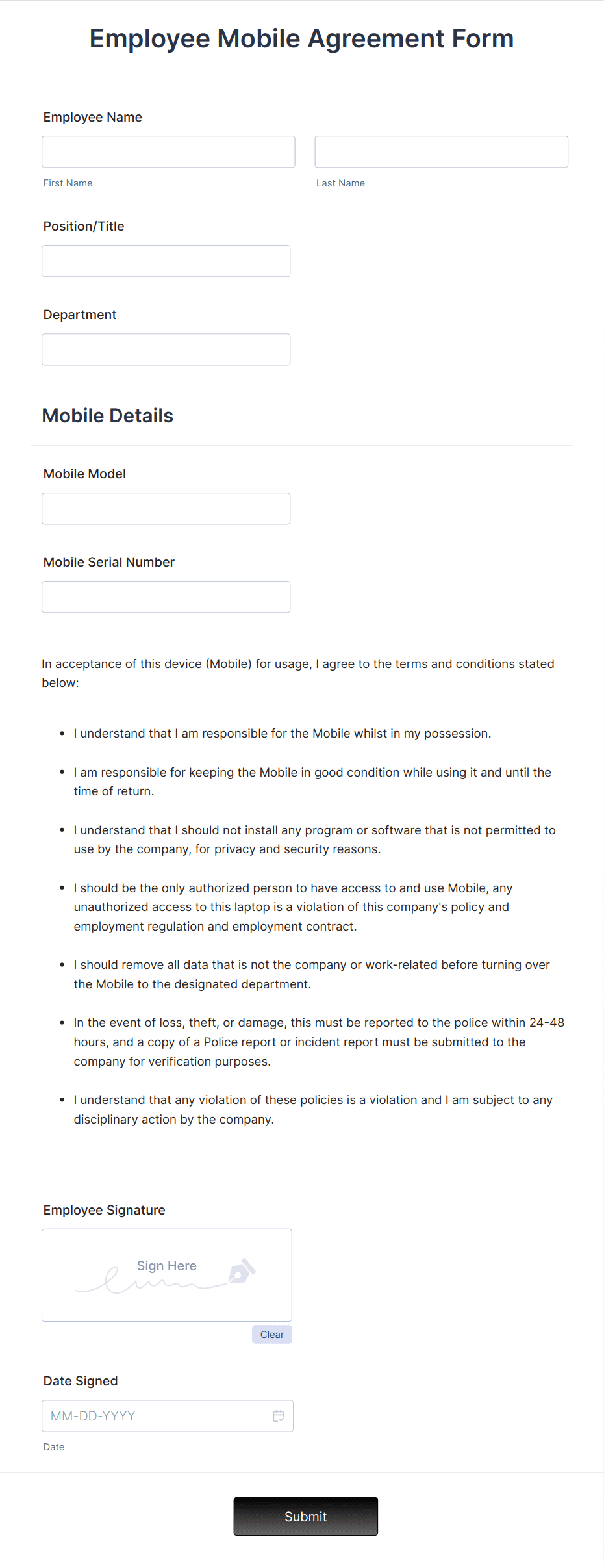 Employee Mobile Agreement Form Template | Jotform