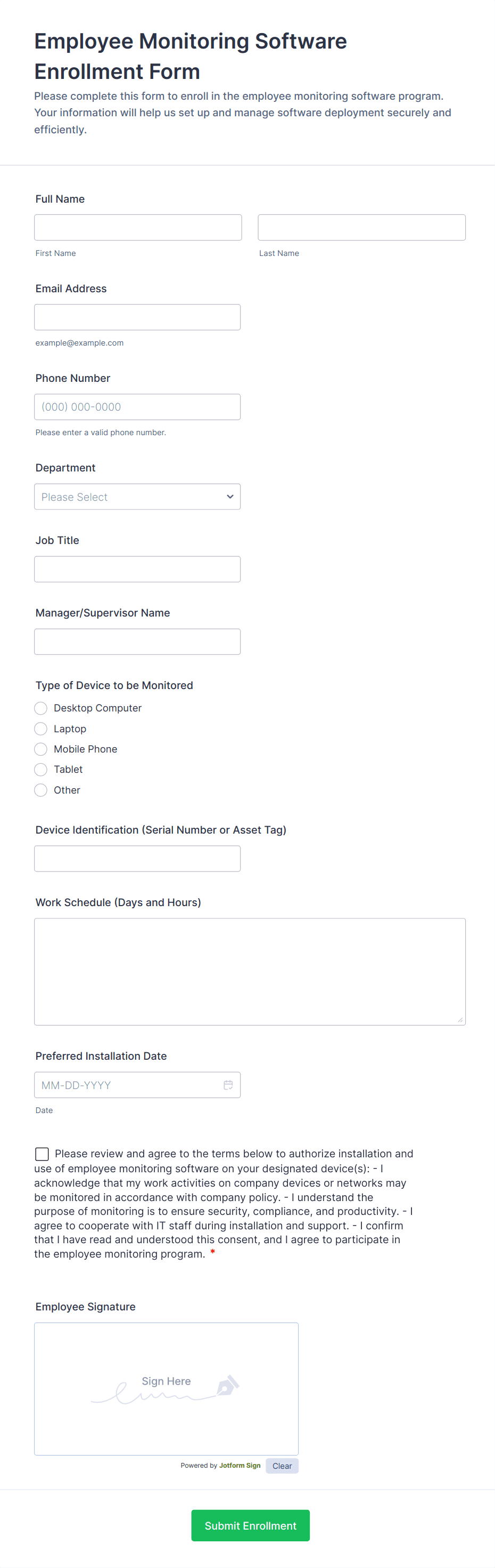 Employee Monitoring Software Enrollment Form Template | Jotform