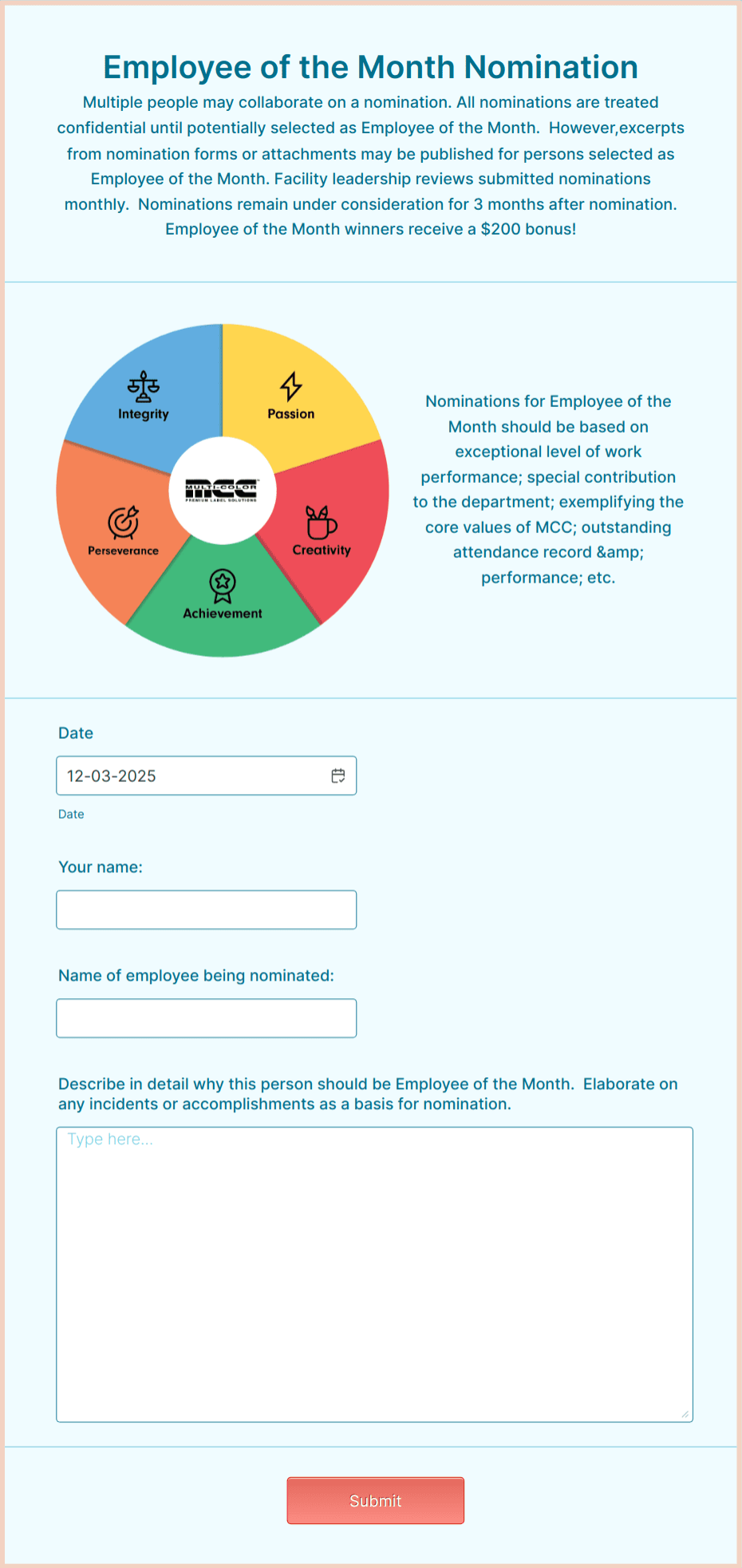 Employee of the Month Nomination MCC Form Template | Jotform