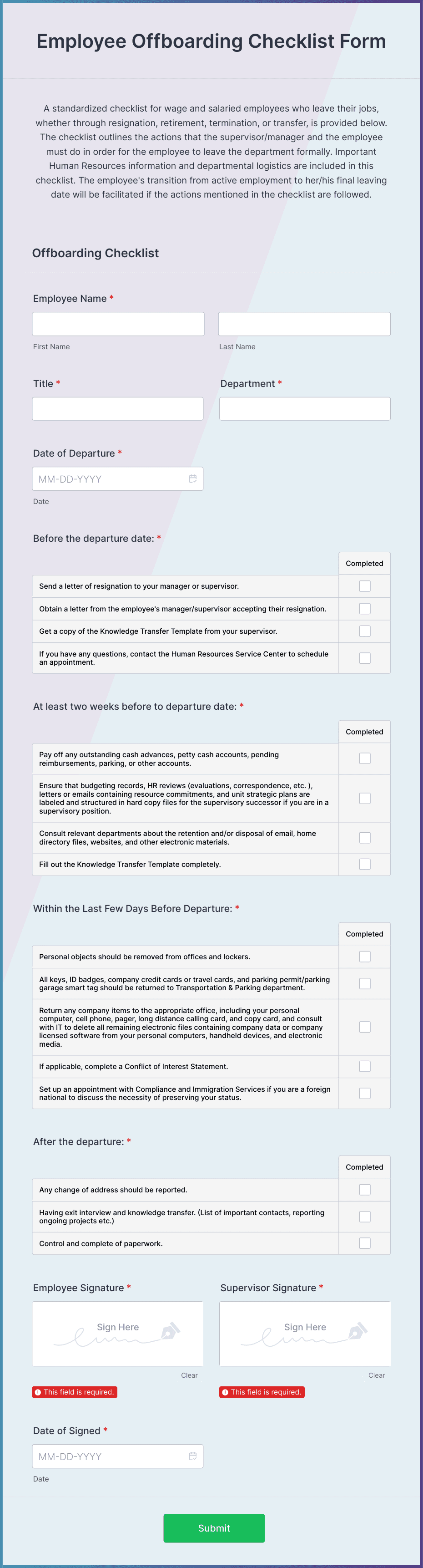 Employee Offboarding Checklist Form Template | Jotform
