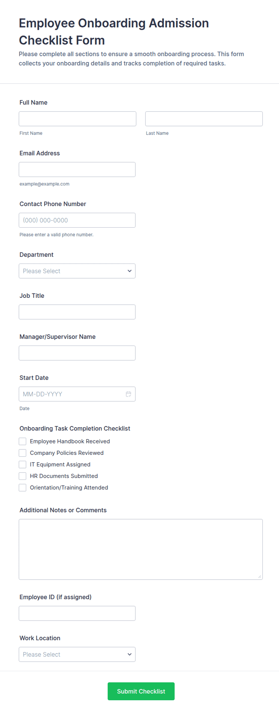 Employee Onboarding Admission Checklist Form Template | Jotform