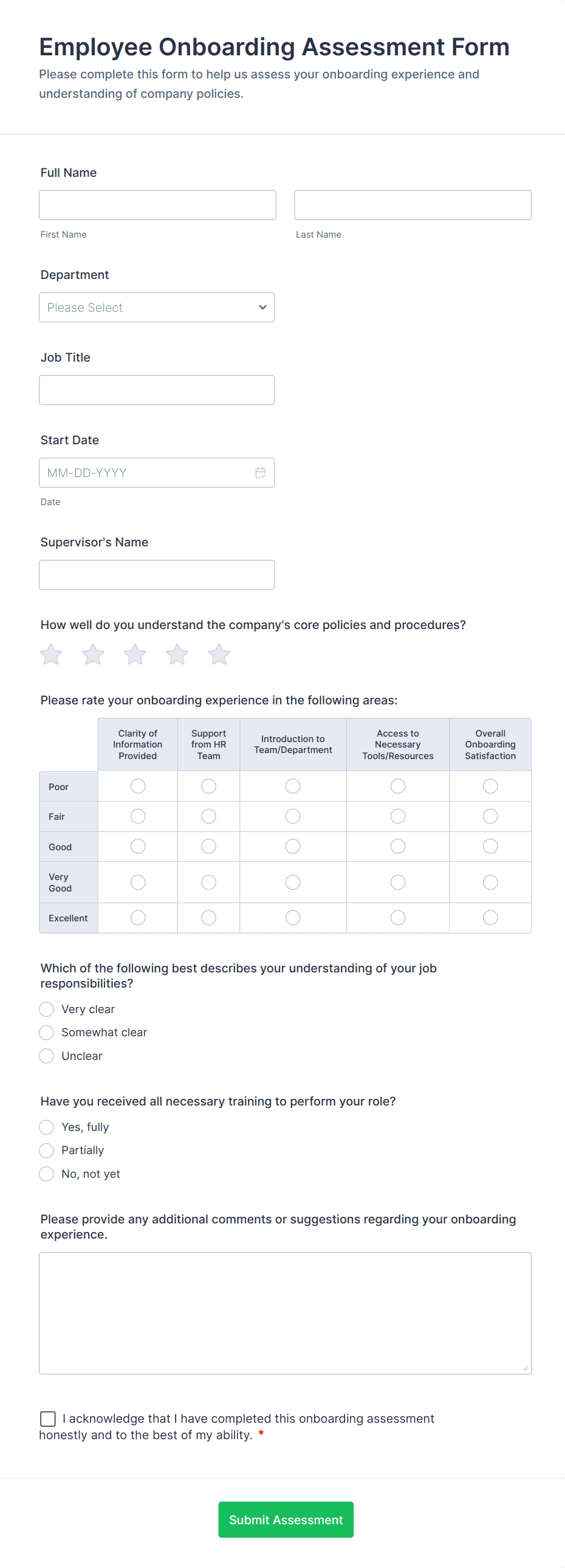 Employee Onboarding Assessment Form Template | Jotform