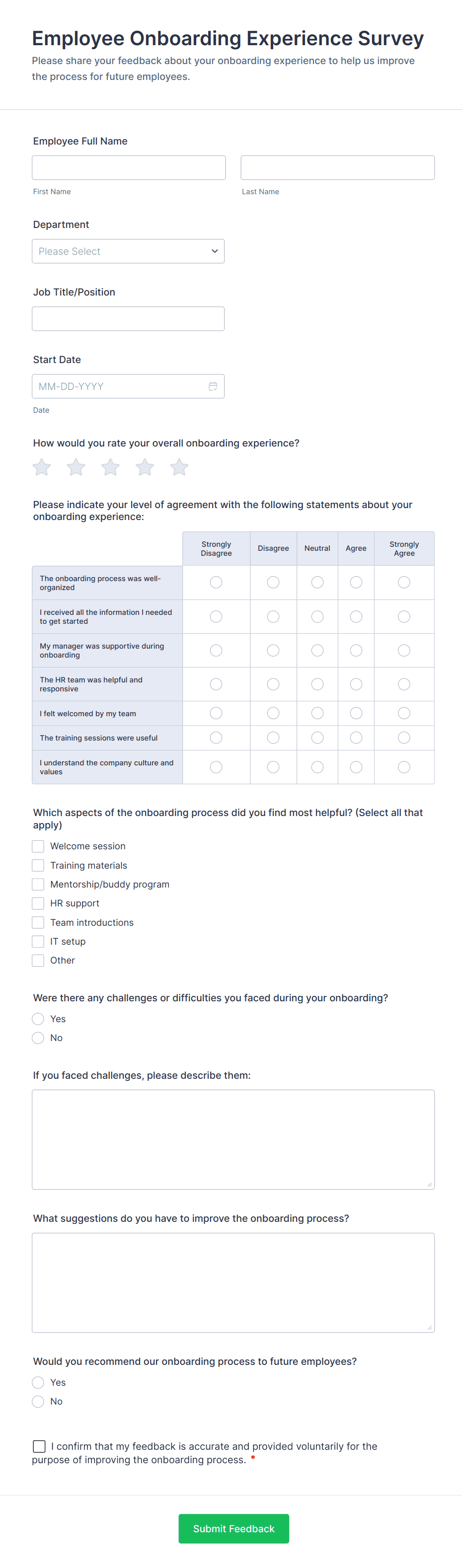Employee Onboarding Experience Survey Form Template | Jotform