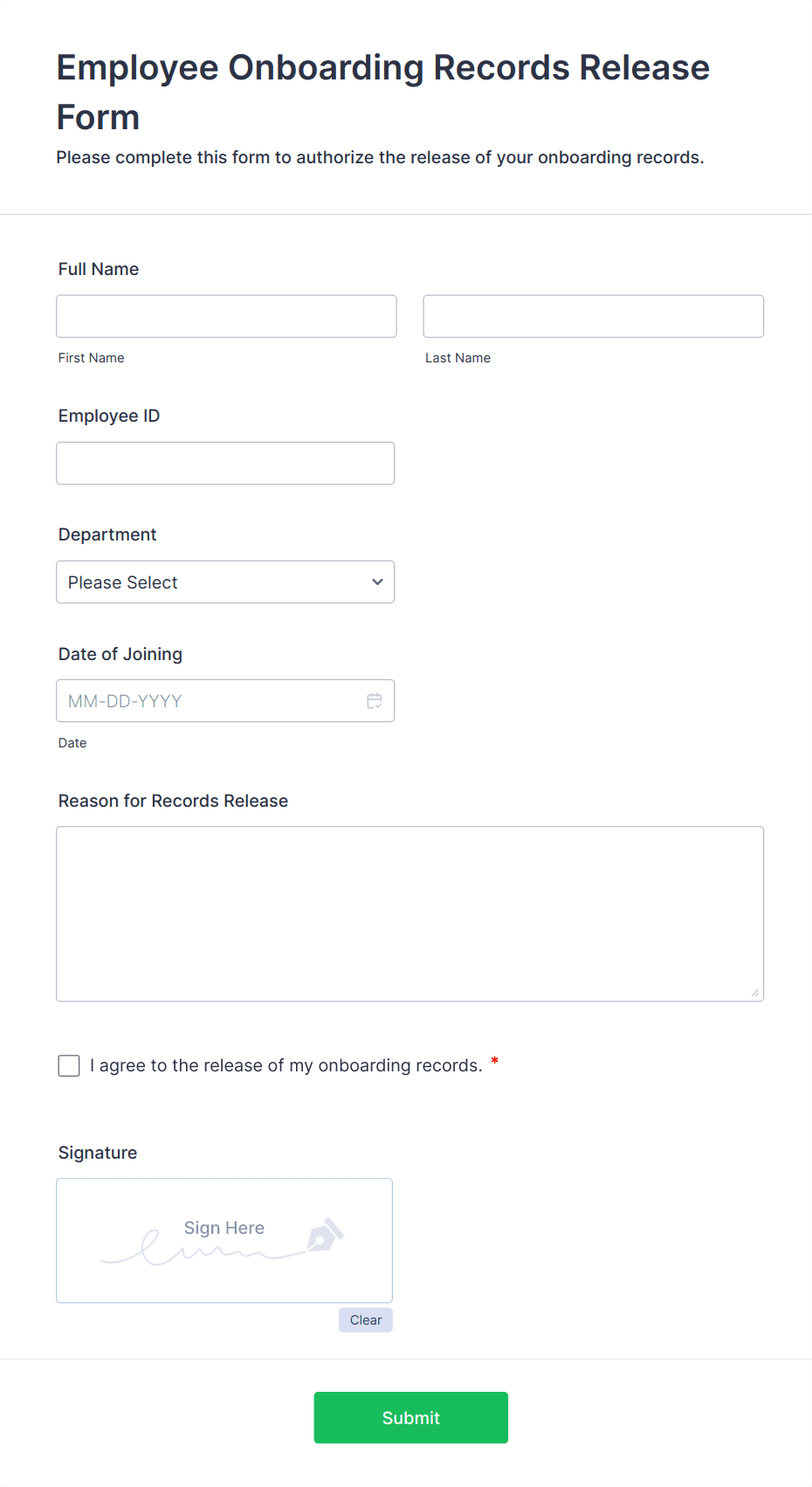 Employee Onboarding Records Release Form Template | Jotform