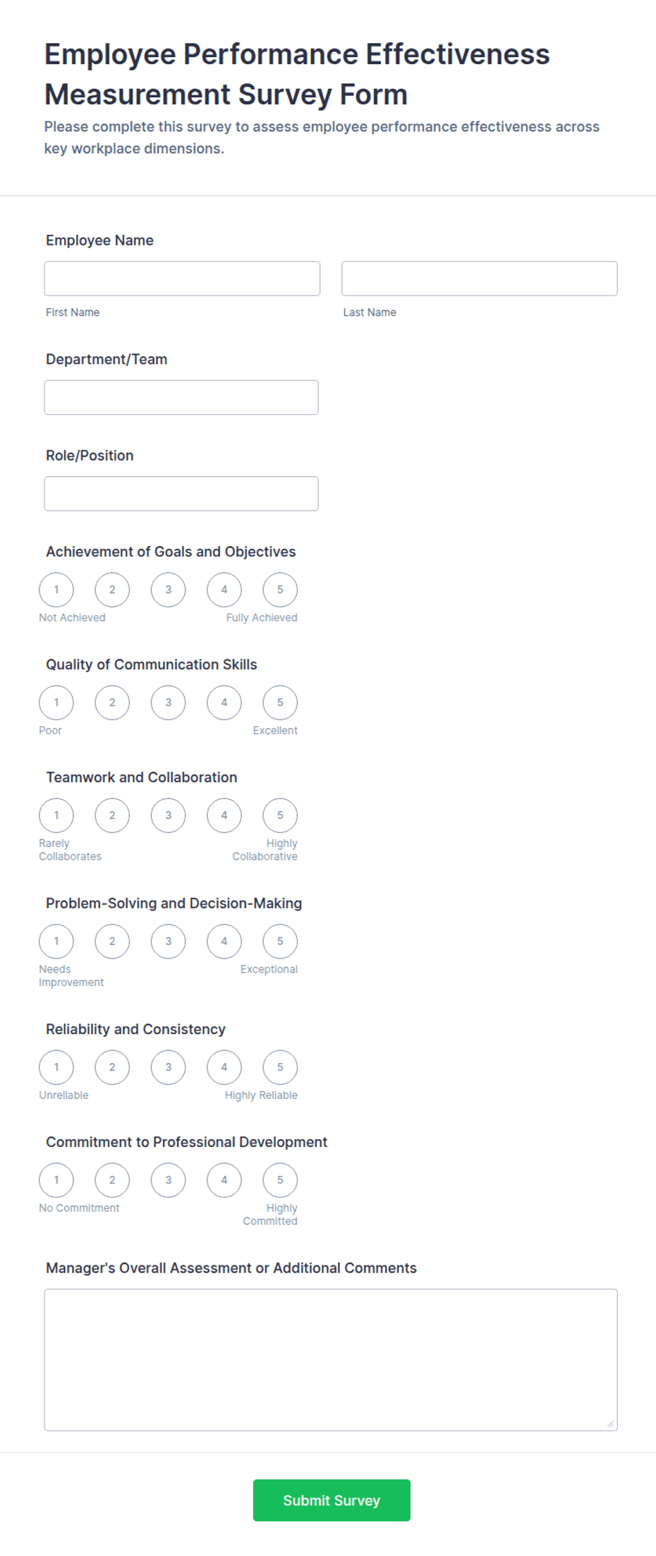 Employee Performance Effectiveness Measurement Survey Form Template ...